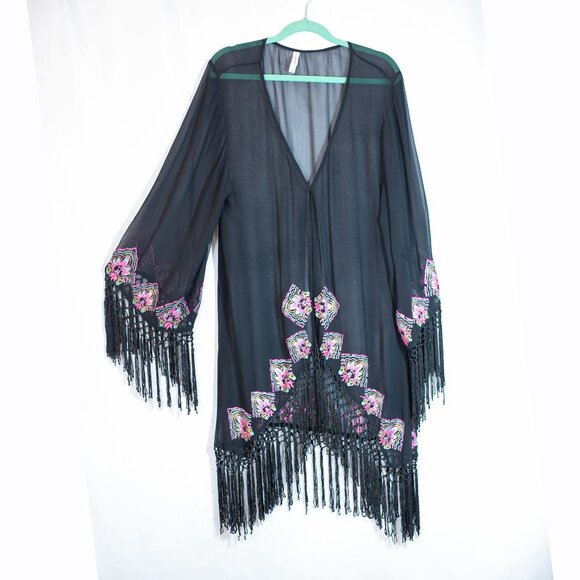 Pilyq | Tops | Pilyq Embroidered Kimono Tunic Beach Cover Up Black Sheer Shiffon Size Xss | Poshmark